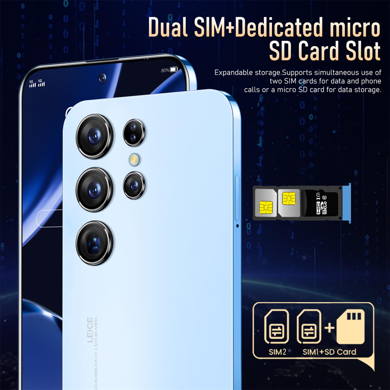 ExAchat 5G Unlocked Cell Phones,Smart Phone with 6.8" HD Screen,8GB+256GB,6800mAh,64MP+24MP Camera,Android Phones with Powerful Qualcomm Chips,Support SIM/Face ID/GPS/Fingerprint Unlock（Blue）