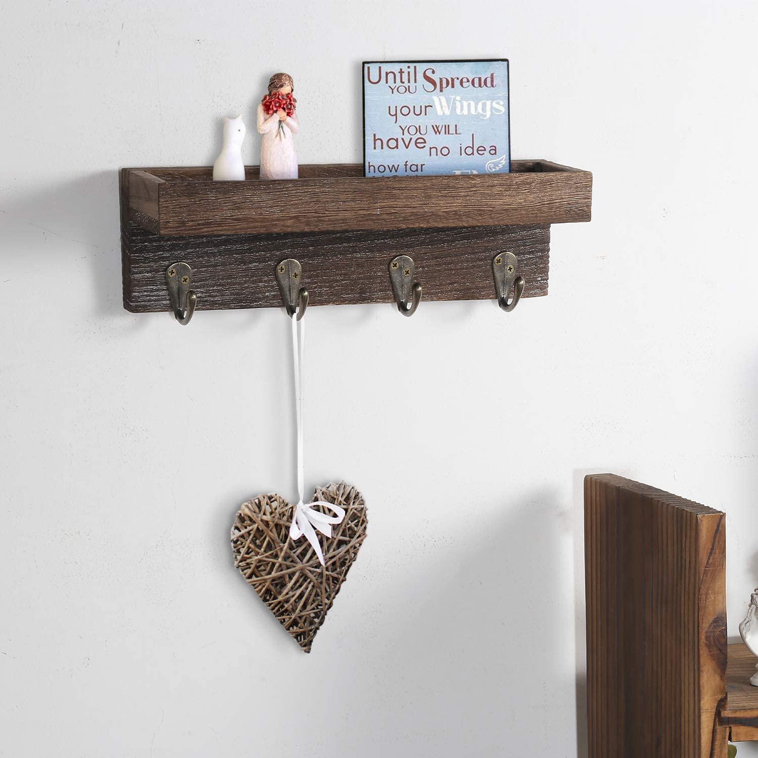 DOCMON Wall Mounted Rustic Wood Shelf, 1 Shelf Key Holder Organizer with 4 Metal Hooks, Farmhouse Style Mail Organizer for Entryway, Hallway, Bedroom, Office