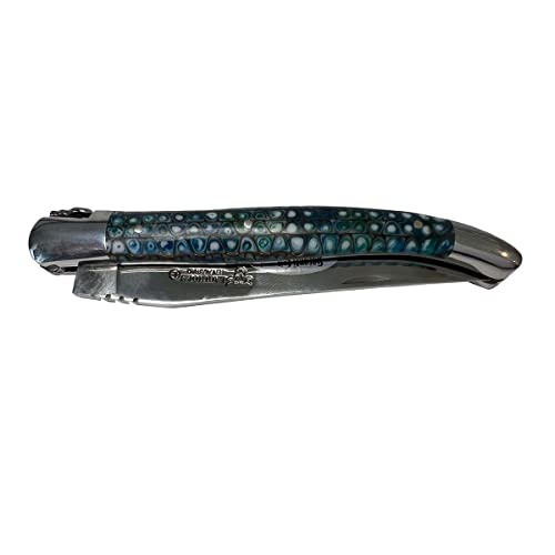 Laguiole en Aubrac Handmade Luxury Folding Pocket Knife, 4.8-in (12cm), Turquoise & Black Paper Waves Handle, Hand Forged Bee, Stainless Steel Shiny Bolsters