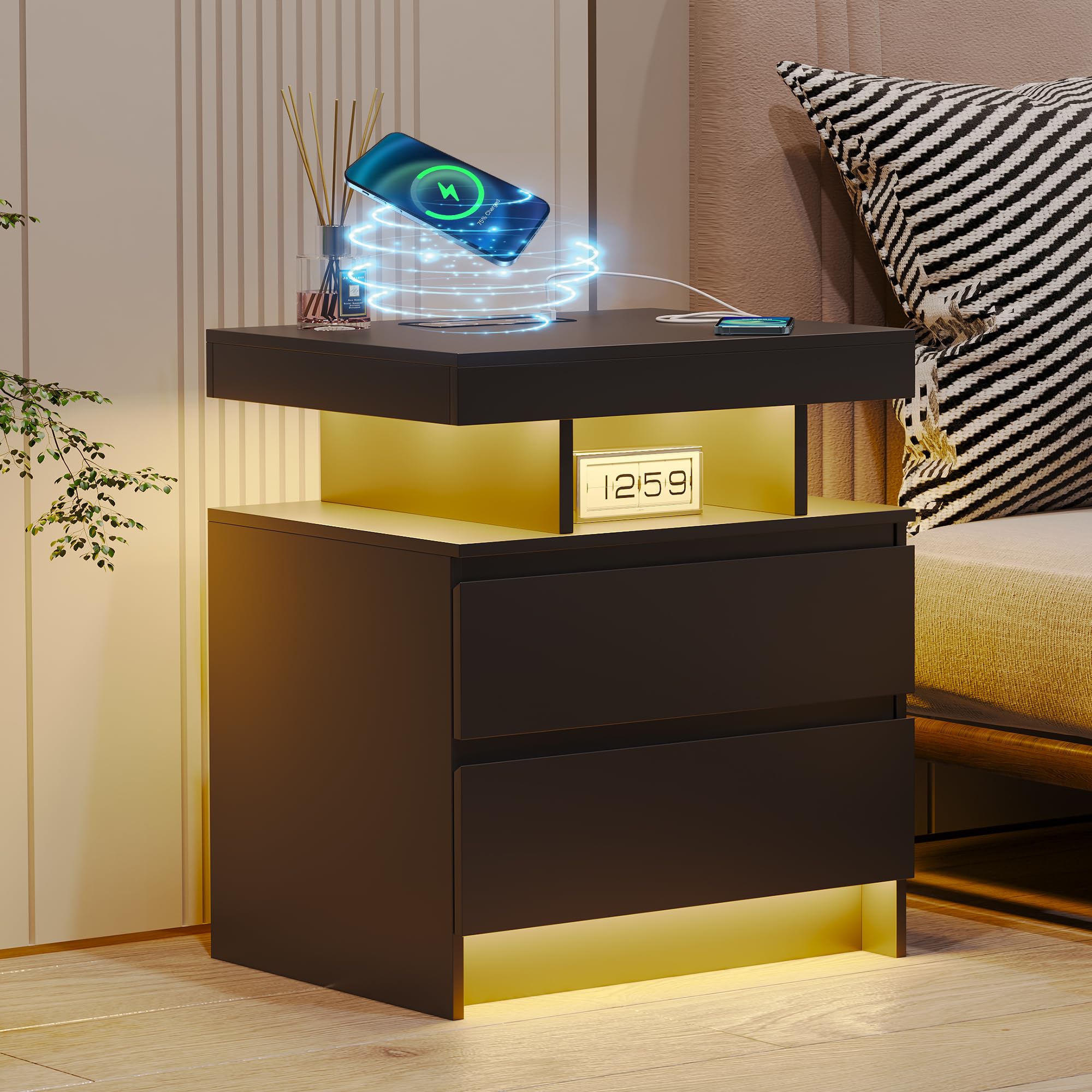 dnbss Nightstand with Wired/Wireless Charging Station, Auto LED Lighting Bedside Tables with Drawers, Night Stand with 3-Color Lights & Adjustable Brightness for Bedroom (Black)