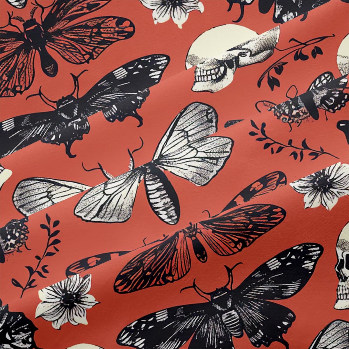 Menkala Gothic Skull Duvet Cover Queen Size Moth Comforter Cover White Floral Duvet Cover Set Black Leaf Death Moth Bedding Set Breathable Durable Soft
