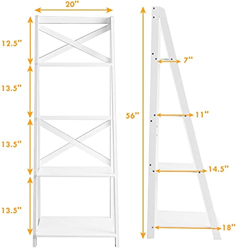 LUARANE Modern 4-Tier Ladder Shelf, Wooden Bookshelf with X-Shaped Frame, Free Standing Bookcase with 4 Open Storage Shelves, Organizer Shelf for Living Room Kitchen Office (2, White)