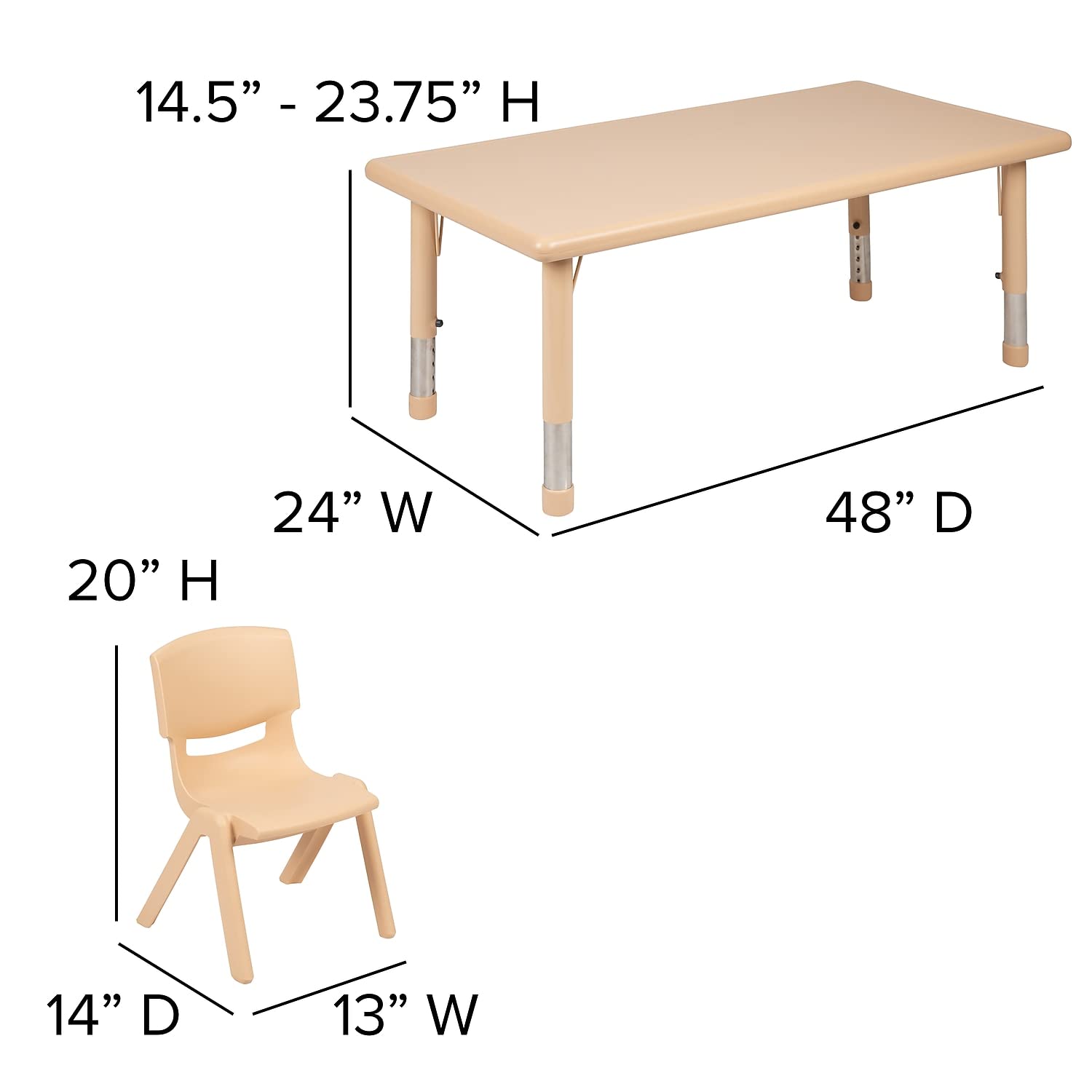 Flash Furniture Adjustable Classroom Activity Table with 6 Stackable Chairs, Rectangular Plastic Activity Table for Kids, 24" W x 48" L, Natural