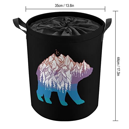 Mountain Bear Laundry Basket Round Collapsible Storage Bin with Drawstring and Handle for Bedroom Bathroom Toys Room 17.3" X 13.8"