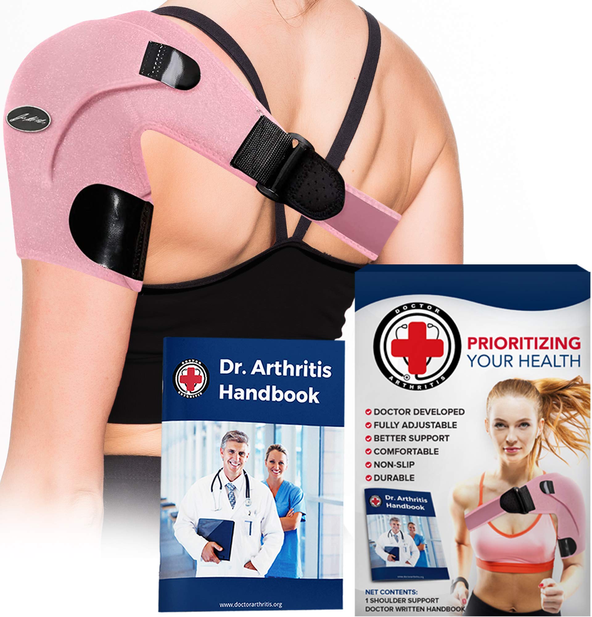 Doctor Developed Shoulder Brace - Comfortable Bursitis Shoulder Brace - Rotator Cuff Shoulder Brace for Pain Relief - Compression Shoulder Brace for Women & Men With Doctor Handbook (Pink)