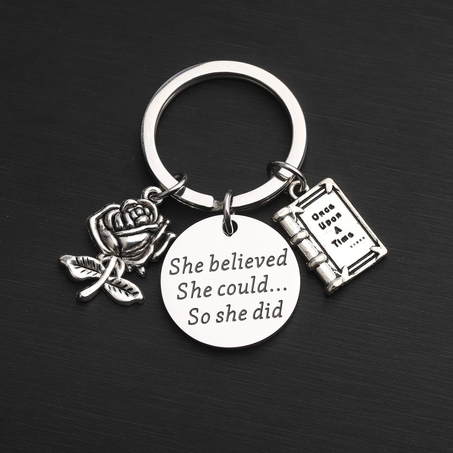 ENSIANTH Inspirational Gift The Beast Jewelry A Tale As Old As Time Keychain Princess Keychain Wedding Gift for Her (She Believed Flower Key)