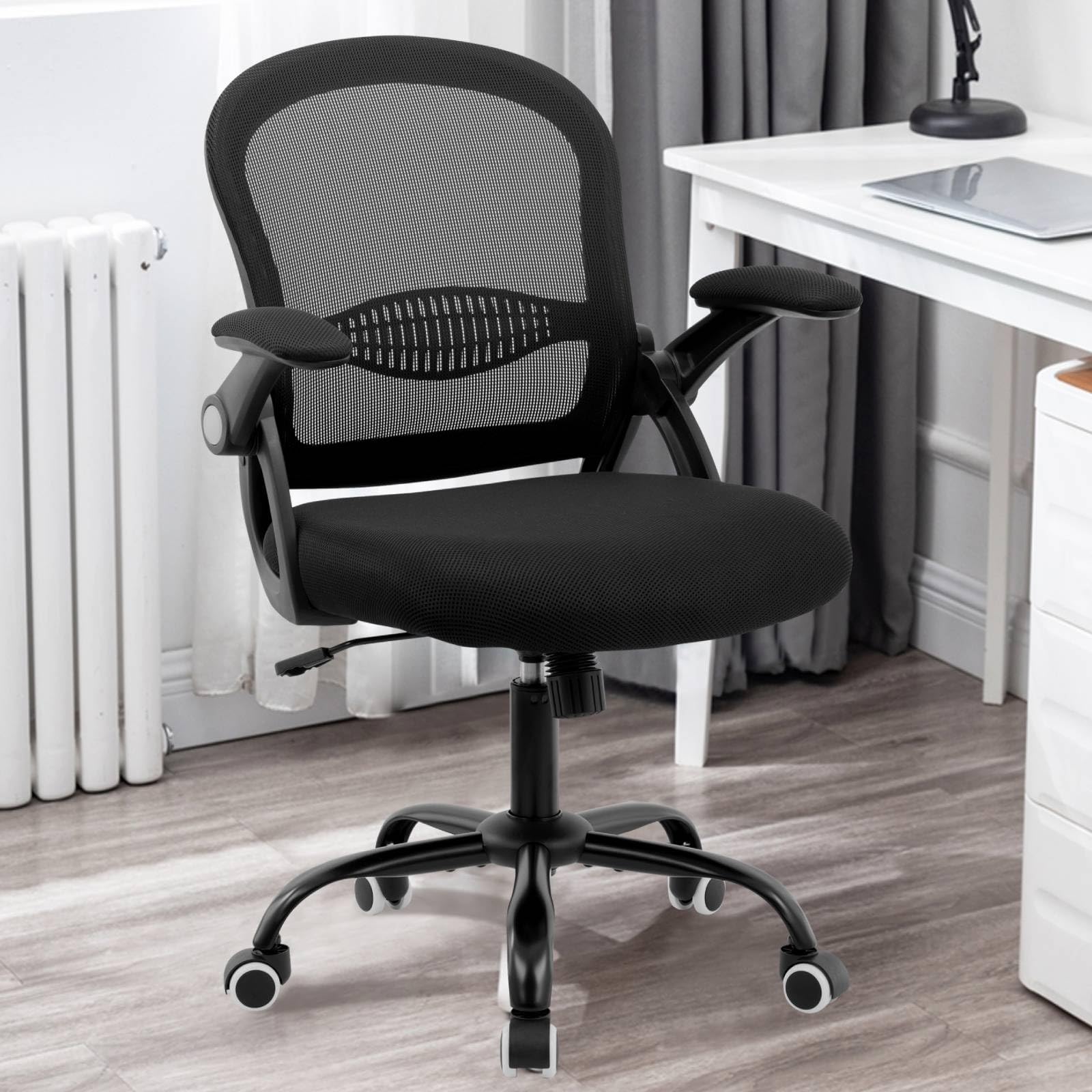 Office Desk Chair, Ergonomic Mesh Office Task Chairs, Mid-Back Computer Desk Chair with Wheels, Flip-up Arms Comfortable Lumbar Support for Home Study, Black