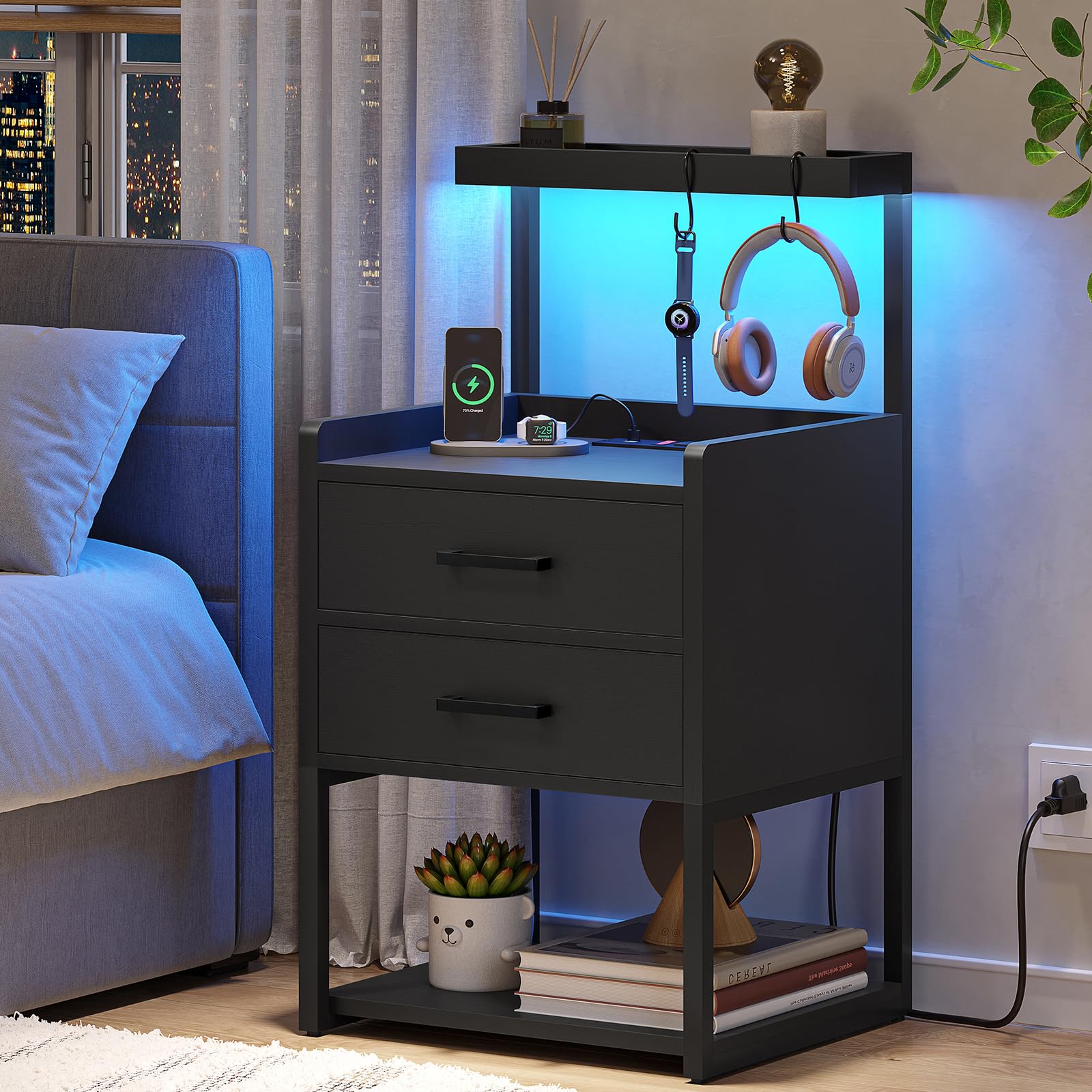 MSmask Black Night Stand with Charging Station, LED Night Stand with 2 Drawers and Open Storage Shelves, Modern Bedside Table with USB Ports&Outlets, End Side Table for Bedroom, Dorm