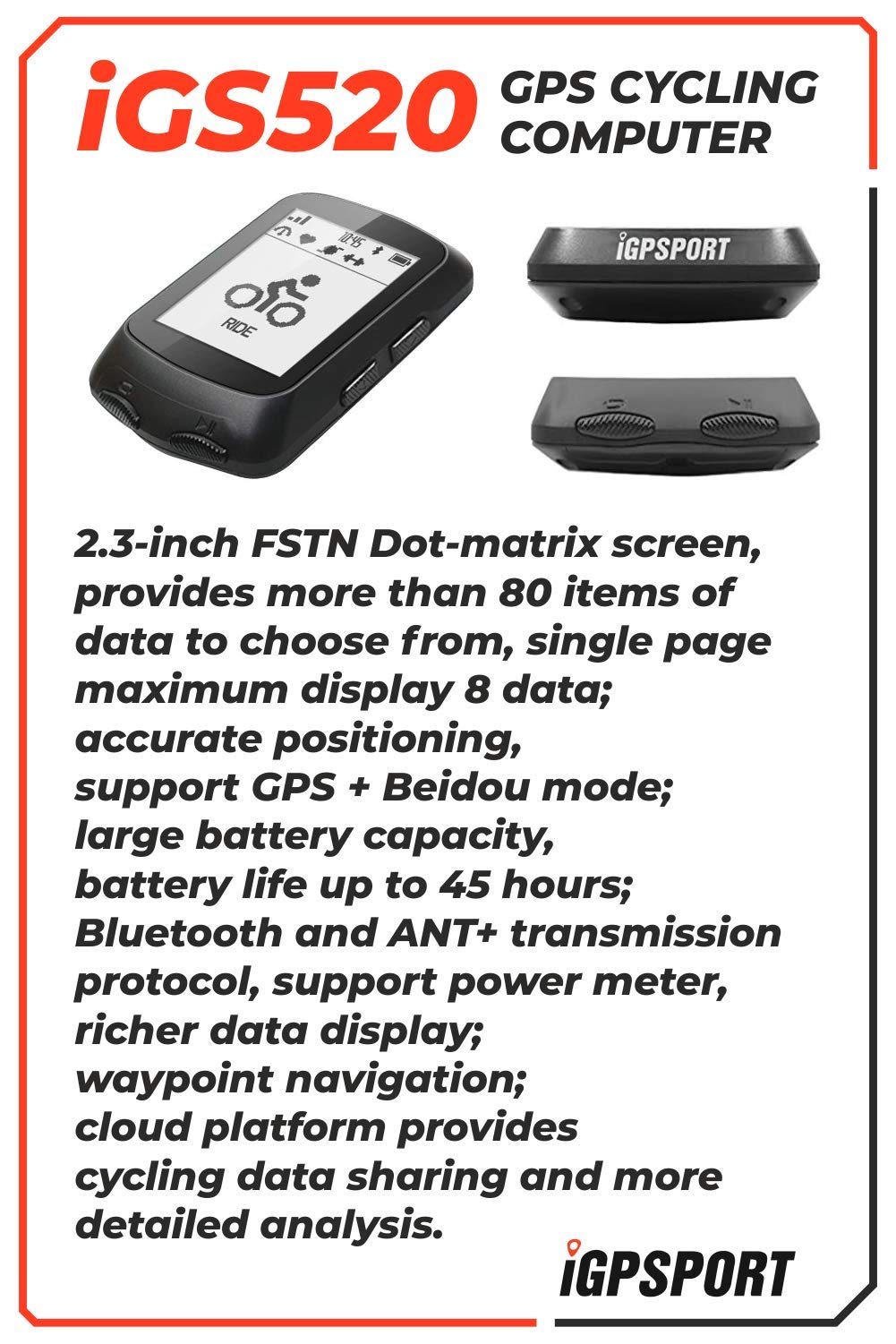 iGPSPORT iGS520 GPS Cycling Computer with HR60 Heart Rate, M80 Mount, SPD70 Speed and CAD70 Cadence Sensors and Wearable4U Bike Multi-Tool Bundle