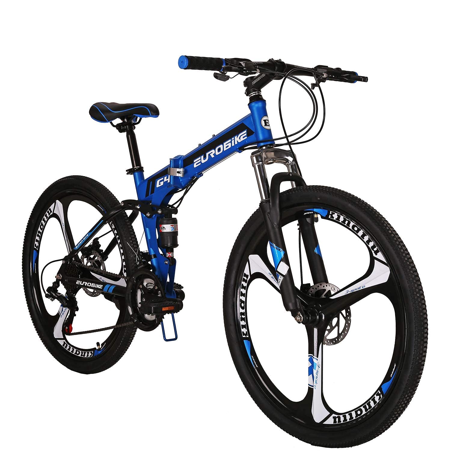 EUROBIKE OBK G4 26" Full Suspension Folding Mountain Bike 21 Speed Bicycle Men or Women MTB Foldable Frame (Blue)
