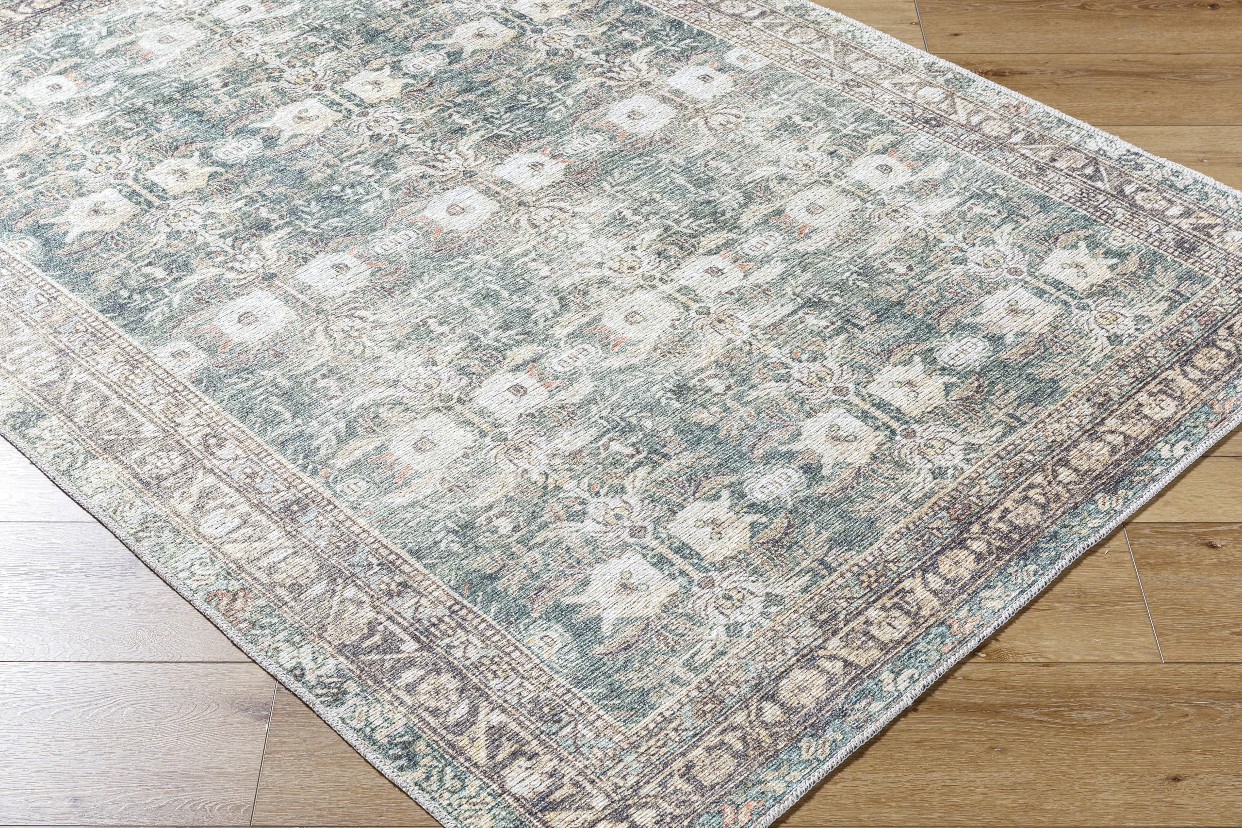 Mark&Day Washable Rugs, 9x12 Marqus Traditional Emerald/Light Silver Area Rug, Green Grey Cream Carpet for Living Room, Bedroom or Kitchen (8'10" x 12', Machine Washable)