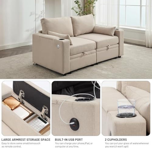 OHAHO Convertible Sectional Sofa Couch with Storage, Modern L-Shaped Sofa for Living Room with USB Port and Cup Holders (Beige, 2 Seater)