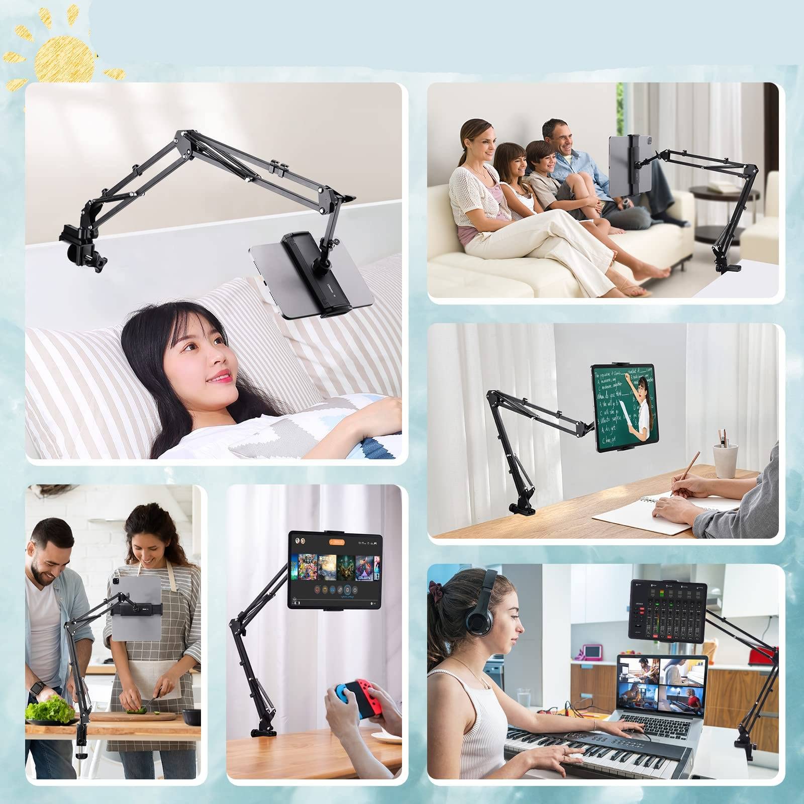 iPad Tablet Holder for Bed - Arm Height Adjustable Tablet Floor Stand Metal 360° Rotating iPad Clamp Mount for iPad Pro, iPad Air, iPad Mini, Kindle Reading and Other 4.7~12.9'' Phones and Tablets