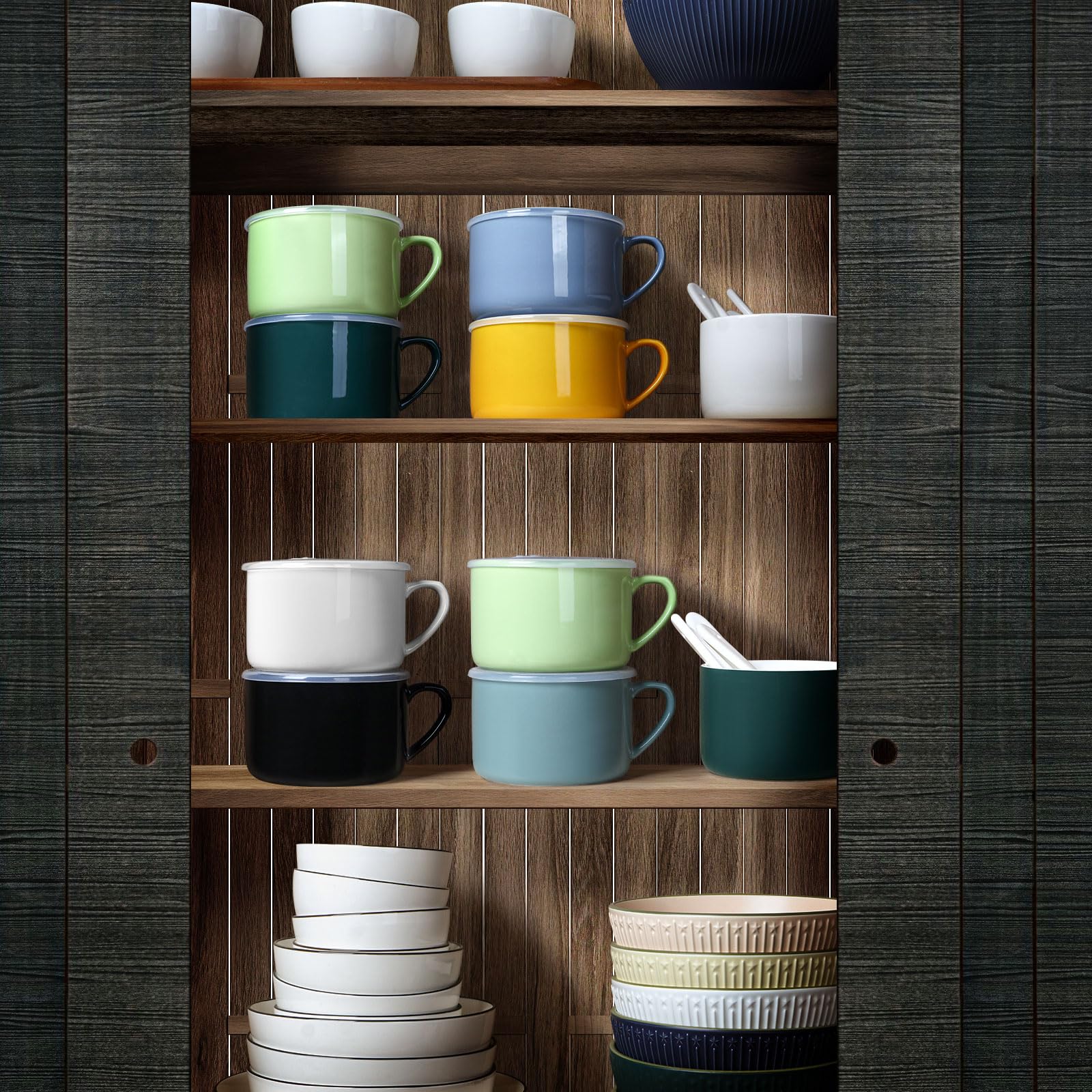 Wareland Soup Bowls with Handles & Spoons, 30oz Ceramic Ramen Bowl with Lid, Large Soup Mugs/Cups for Instant Noodle, Big Cereal Bowls for Oatmeal, Soup Containers with Lids, Set of 2, Sky Blue