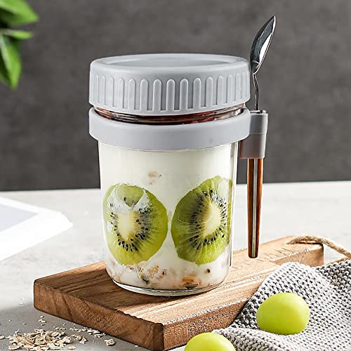 Overnight Oats Containers with lids and spoon-Set of 2 Jars 12 oz Large Capacity Airtight Container with Measurement Marks, Reusable On The Go Cups for Cereal Yogurt, Milk, Salads, Fruit(2 Pack White)