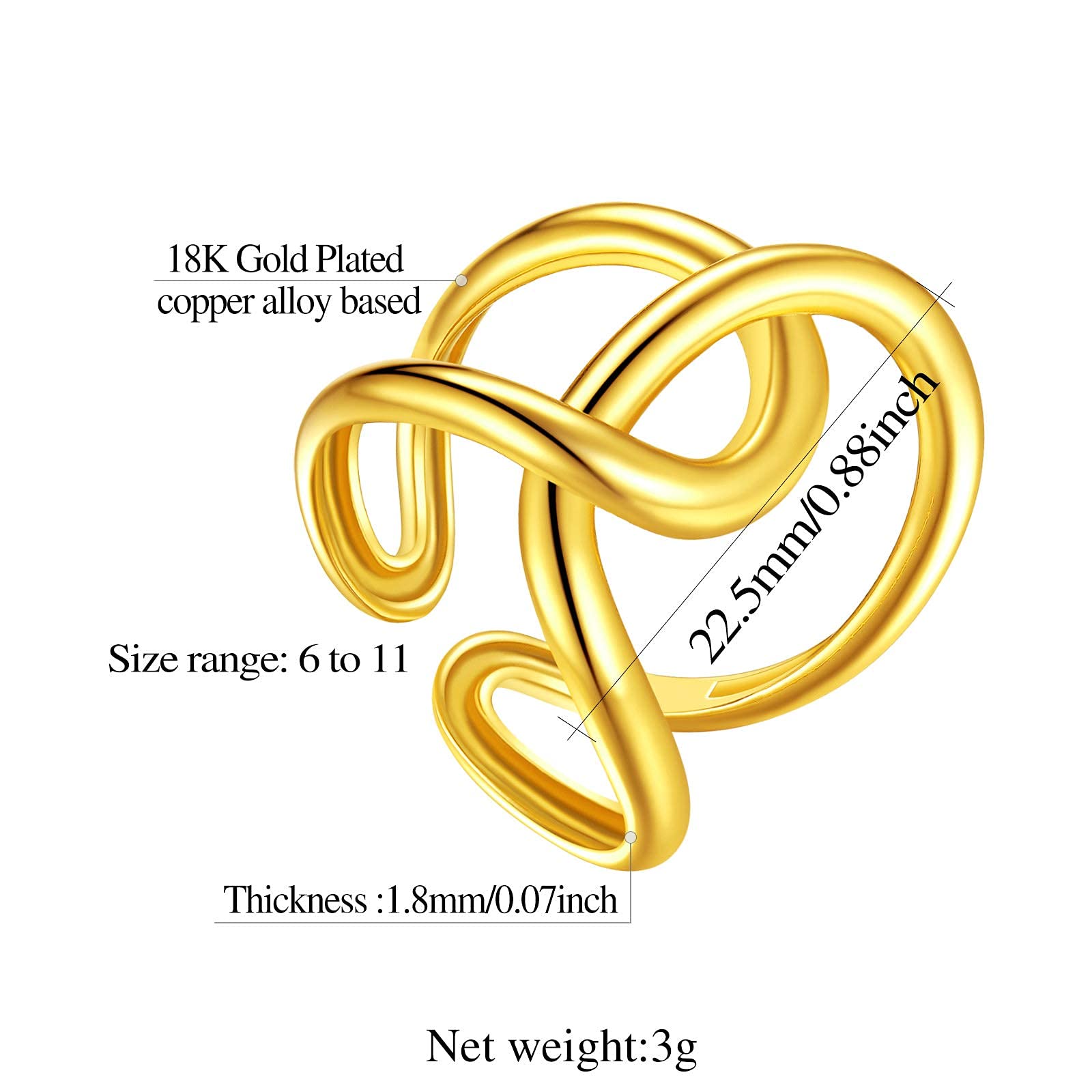 FindChic Gold Ring Braided Crossover Patterned Statement Rings for Women 18K Gold Plated Adjustable Open Rings Thumb Finger Rings