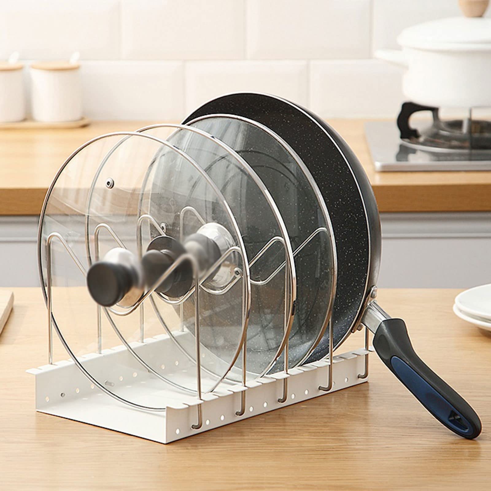 EXECAB Dish Rack Metal Pan Pot Lid Organizer Adjustable Dish Rack Drainer Cutting Board Holder Cookware Stand Holder Kitchen Cabinet Storage Pan (Color : White)