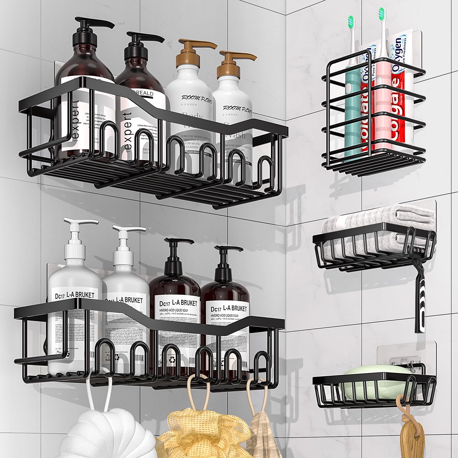 kitims Adhesive Shower Caddy, 5 Pack Shower Organizer Hanging with Large Capacity Stainless Steel Shower Organizers and Storage Rustproof Shower Shelf for Inside Shower, No Drilling, Black