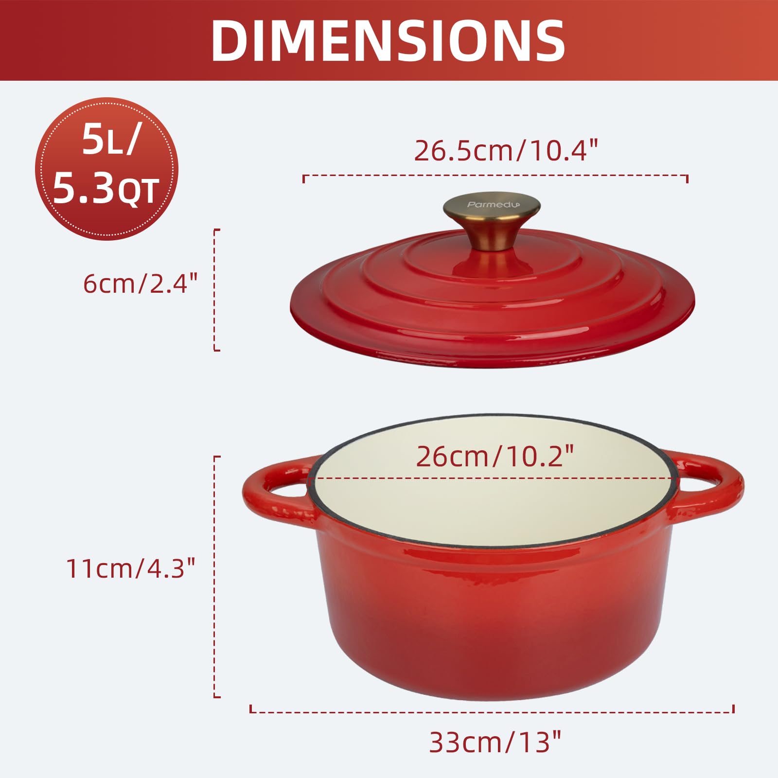 Parmedu Cast Iron Dutch Oven with Lid: 5.5 QT Enameled Cast Iron Dutch Oven, Sturdy Cookware for All Cooktops, Braising, Stews, Roasting, Bread Baking, Red