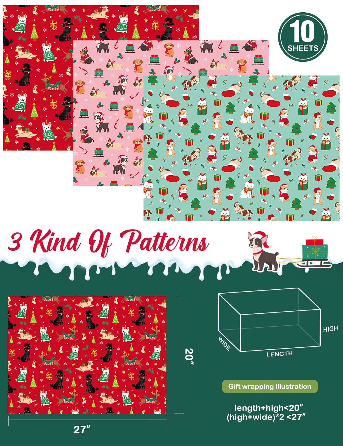 Dog Christmas Wrapping Paper - 10 Sheets, 27 x 20 inches, Holiday Gift Wrap with Puppy and Animal Prints