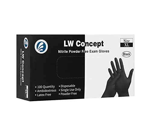 LW Concept Disposable Nitrile Gloves, Chemical Resistant, Powder-Free, Latex-Free, Non-Sterile, Food Safe, 5 Mil, Black, 1000-Count (X-Large)