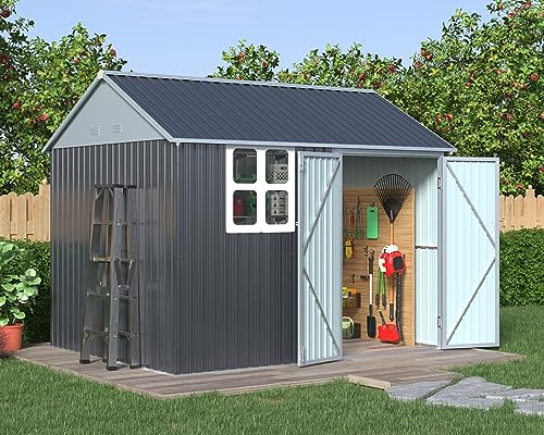 VanAcc 10x8x8 FT Outdoor Storage Shed - Nordic Cottage Shed 4-pane Window Metal Garden House Double Lockable Hinged Doors for Backyard Garden Patio Lawn Dark Grey/White