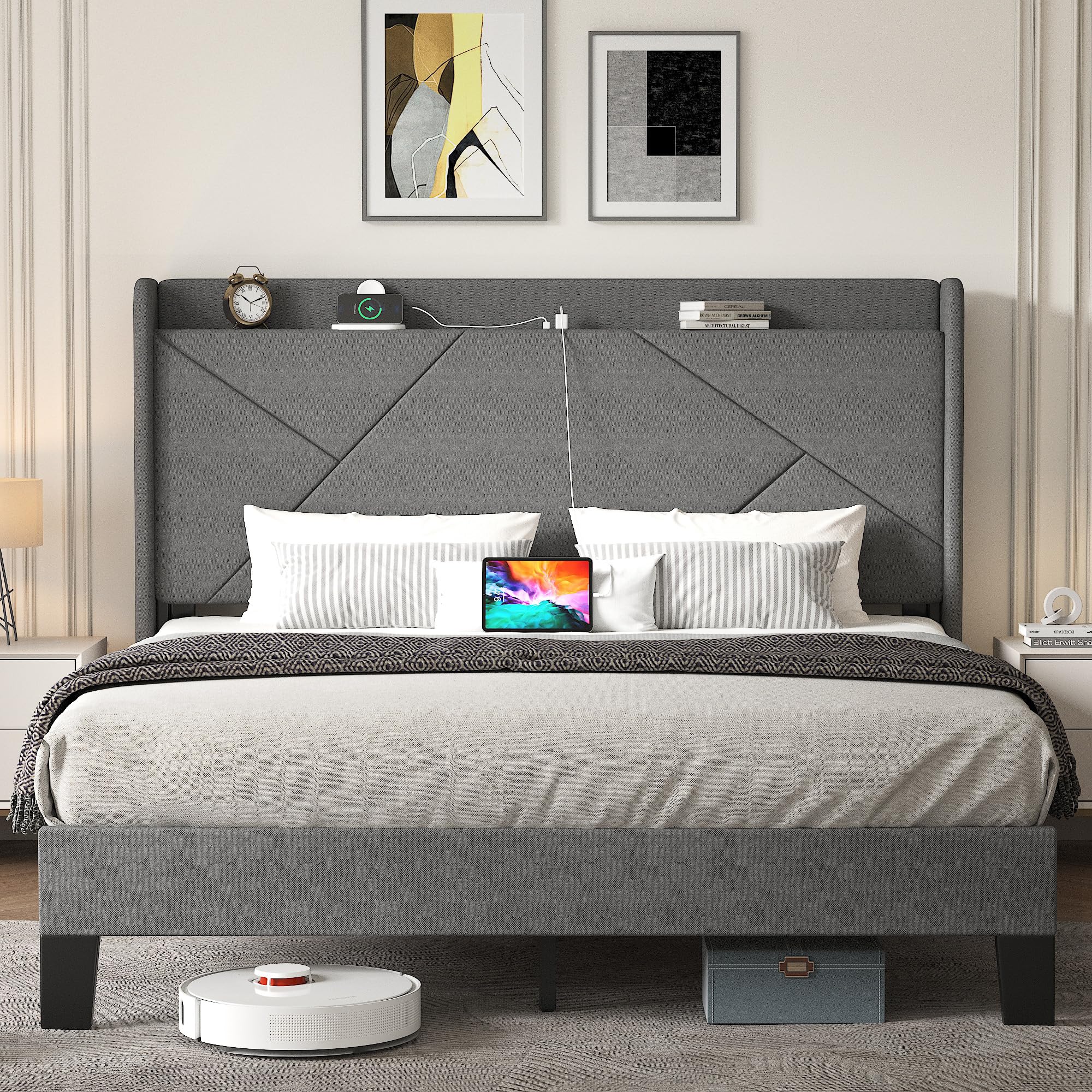 Fluest Queen Bed Frame with Headboard Storage Upholstered Wingback Headboard Built-in Charging Station USB Ports Wooden Slats Support,No Box Spring Needed,Mattress Foundation,Dark Grey