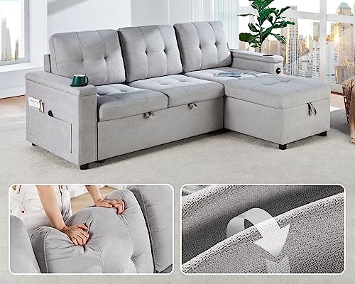 VanAcc Sofa Bed, Modern Tufted Convertible Sleeper Sofa, USB Charging Ports & Cup Holders, Pull Out Couch Bed with Storage Chaise, Chenille Couches for Living Room (Light Grey)
