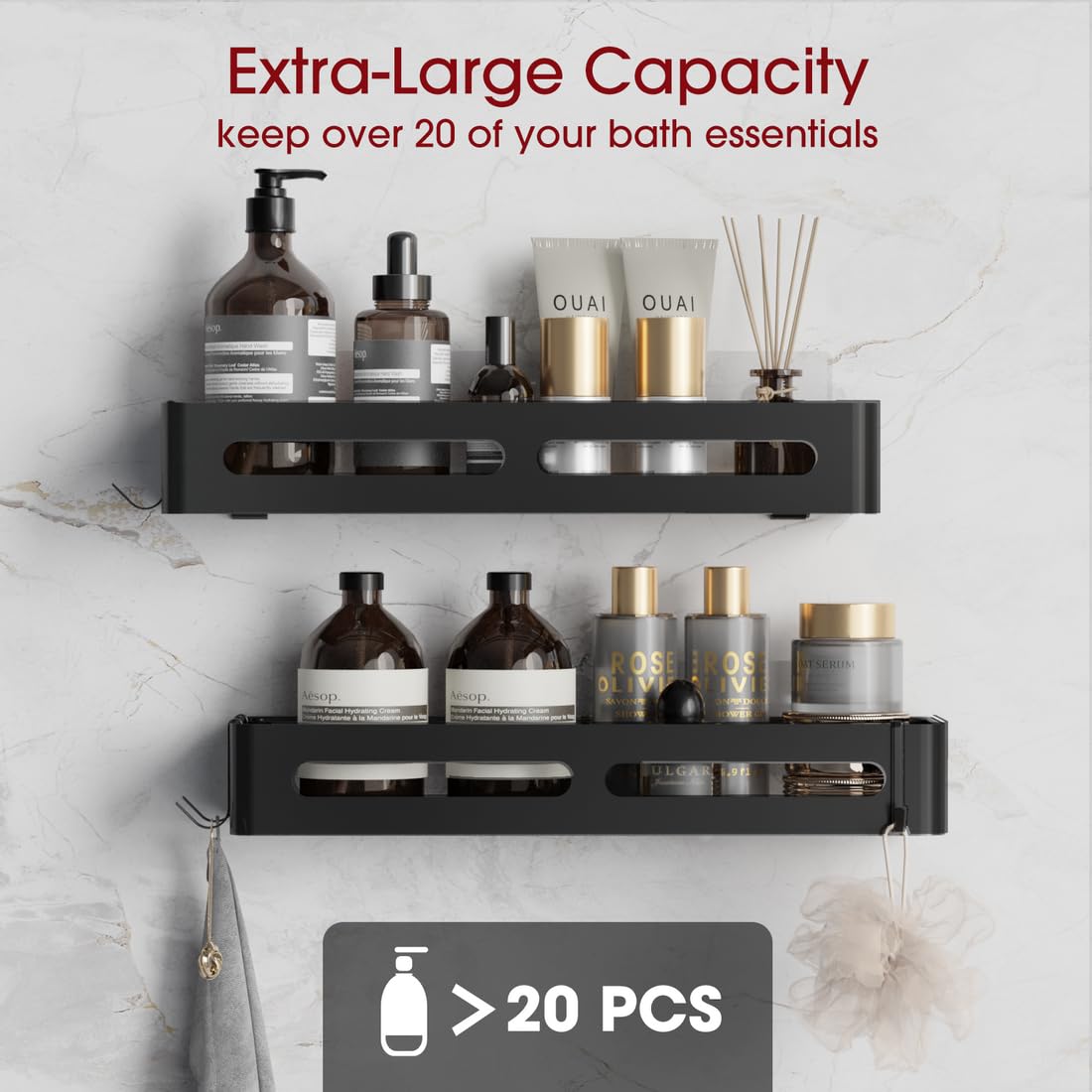 Sakugi Shower Caddy - X-Large Adhesive Shower Organizer, Rustproof Shower Shelves for inside Shower, Stainless Steel Shower Rack for Bathroom, Home Decor, No Drill, Black, 2 Pack