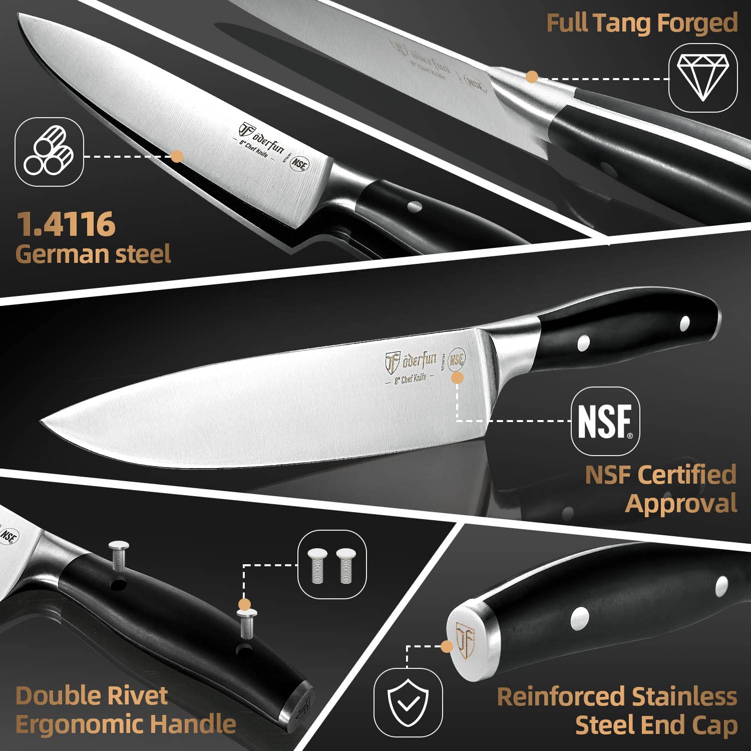 Kitchen Knife Set with Block, 15PCS Full Tang Knife Block Set, High Carbon Stainless Steel Knife Set with Built-in Sharpener, Professional Knives Set for Kitchen with Gift Box