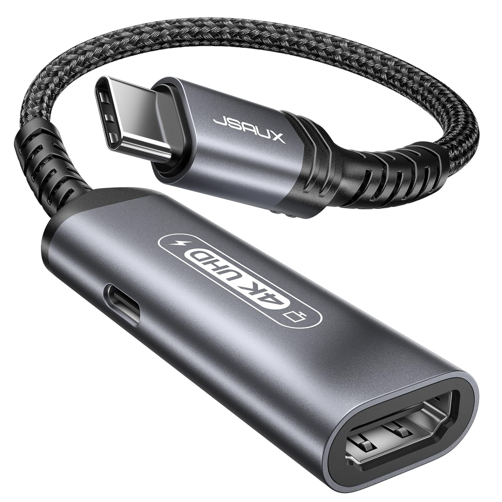 JSAUX USB C to HDMI and Charger Adapter | 4K@60Hz 2-in-1 Type-C to HDMI Adapter with PD Fast 100W Thunderbolt 3/4 Compatible with iPhone 16 Pro Max MacBook Pro/Air iPad Galaxy S24 Steam Deck ROG Ally