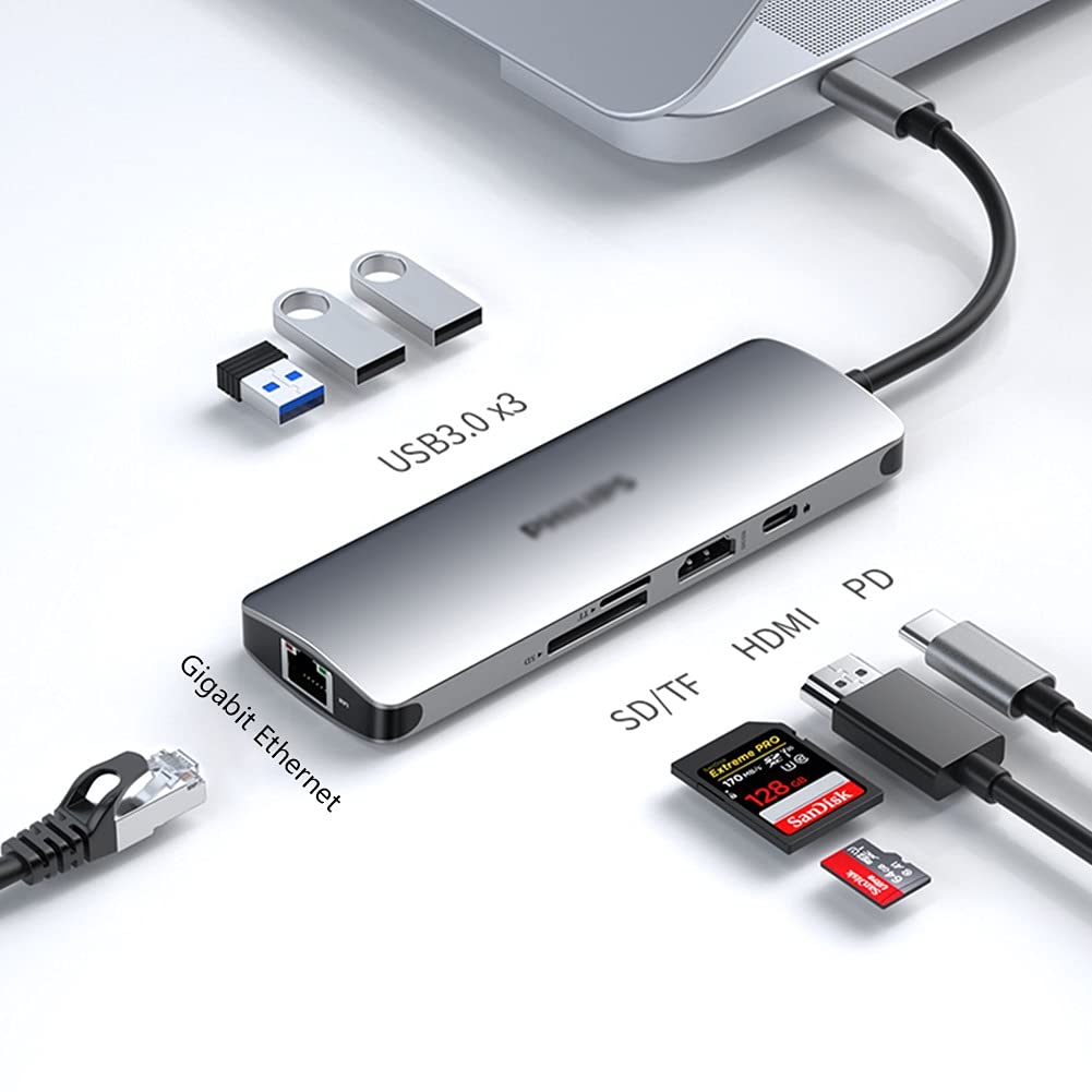 Hub Dock Adapter USB C Hub 8-in-1 USB C Docking Station with Ethernet, HDMI, 3 USB3.0, SD/TF Card Reader, USB-C PD Compatible USB C Device Computer Accessories