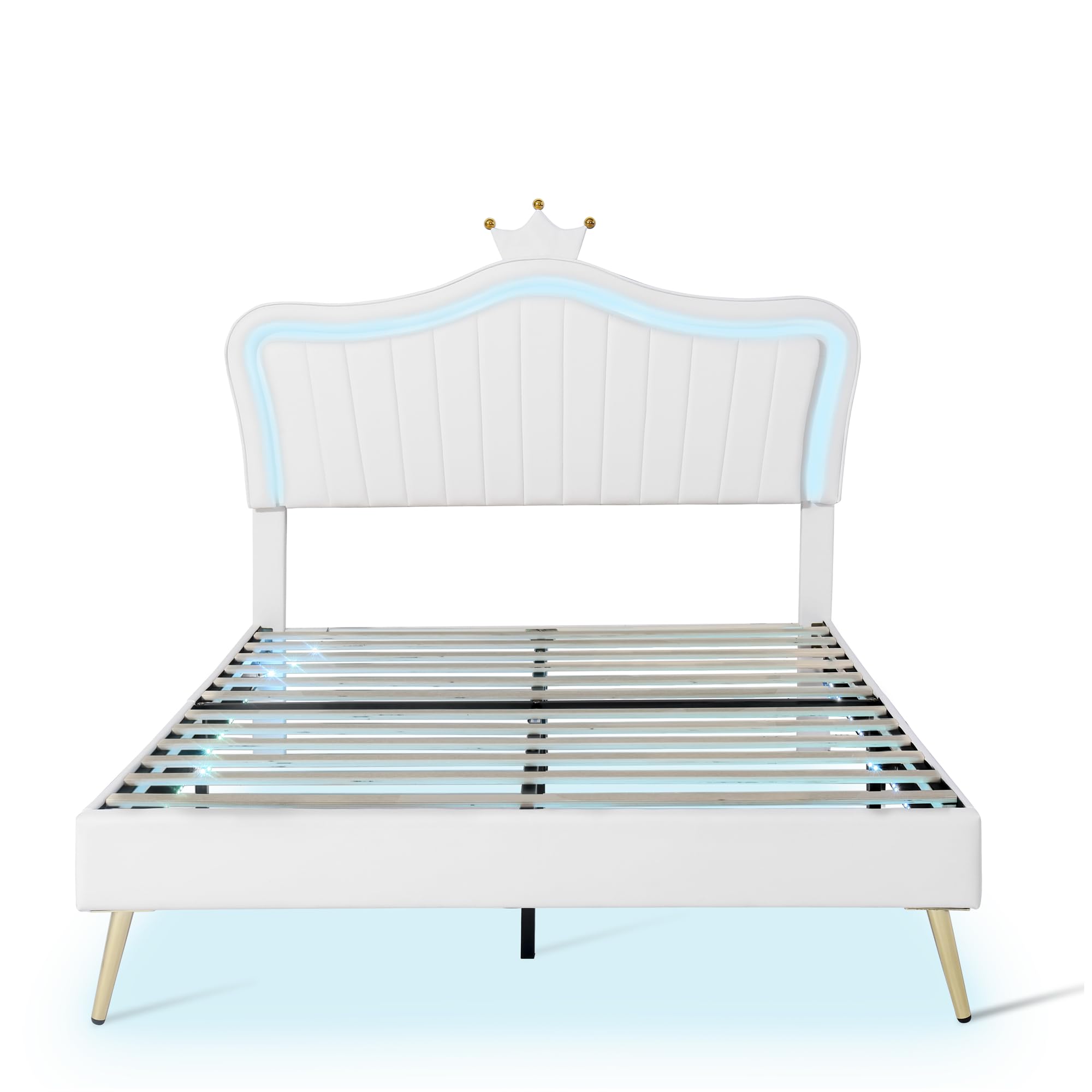 P PURLOVE Cute Princess Bed with LED Lights for Kids,Queen Size Platform Bed with Crown Headboard,Platform Bed Frame with Wood Slats for Girls,Kids,Teens