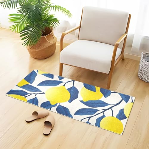 Fluffy Floor Carpet-Tropical Blue Leaf Yellow Lemons,39x20in Front Door Mat Indoor Machine Washable Carpet,Aesthetic Rug