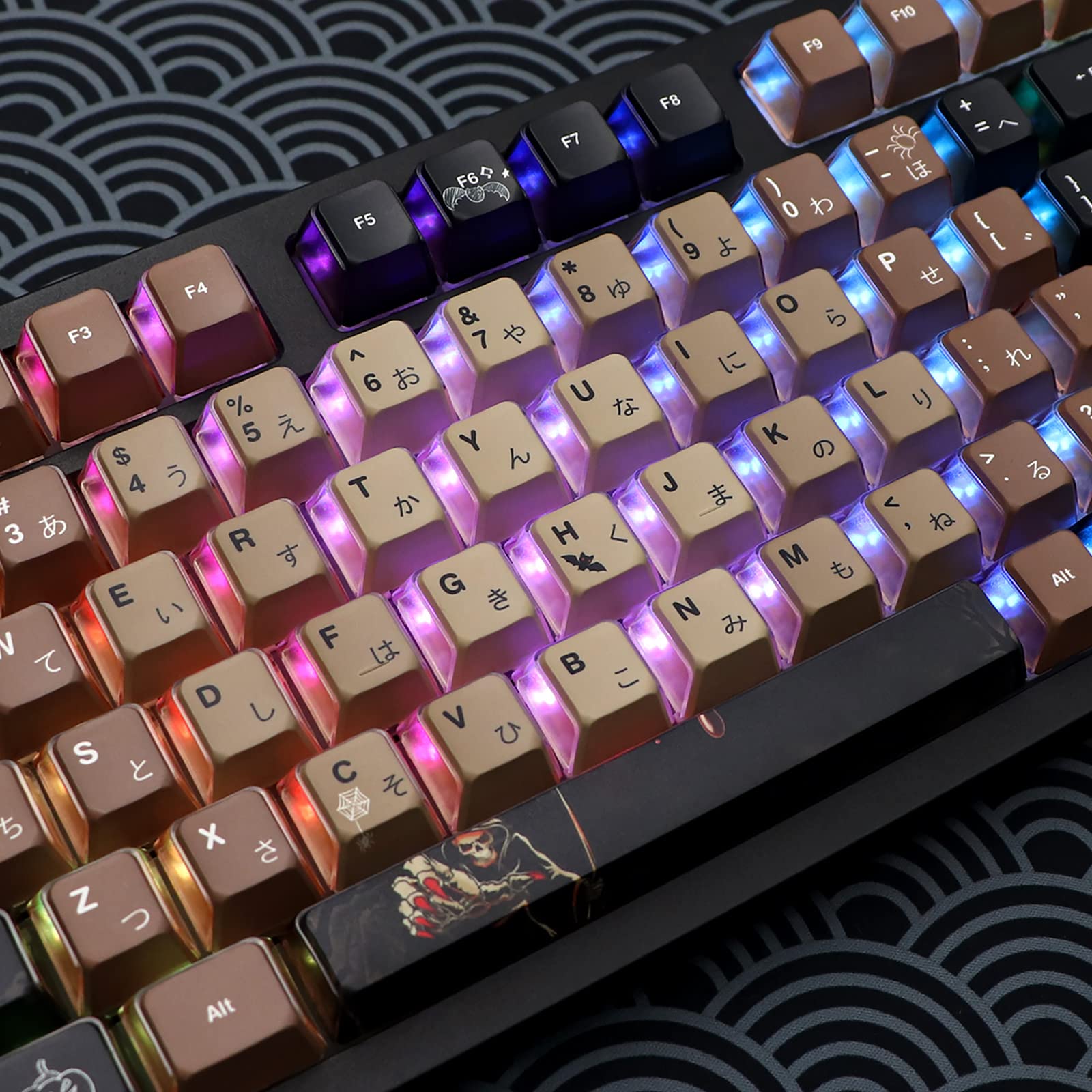 JSJT Halloween Keycaps 150 Keys Triple Side Transparent Japanese keycaps PBT Shine Through Keycaps OEM Profile Custom Keycap Set Suitable for 61/64/87/104/108 Cherry MX Switch Mechanical Keyboard