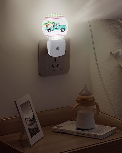 Night Light Plug into Wall, LED Nightlights Easter Truck with Carrot Bunny Green Plaid Pattern Small Nightlight Auto Dusk-to-Dawn Sensor Lamp LED Night Lights for Kid's Bedroom, Bathroom