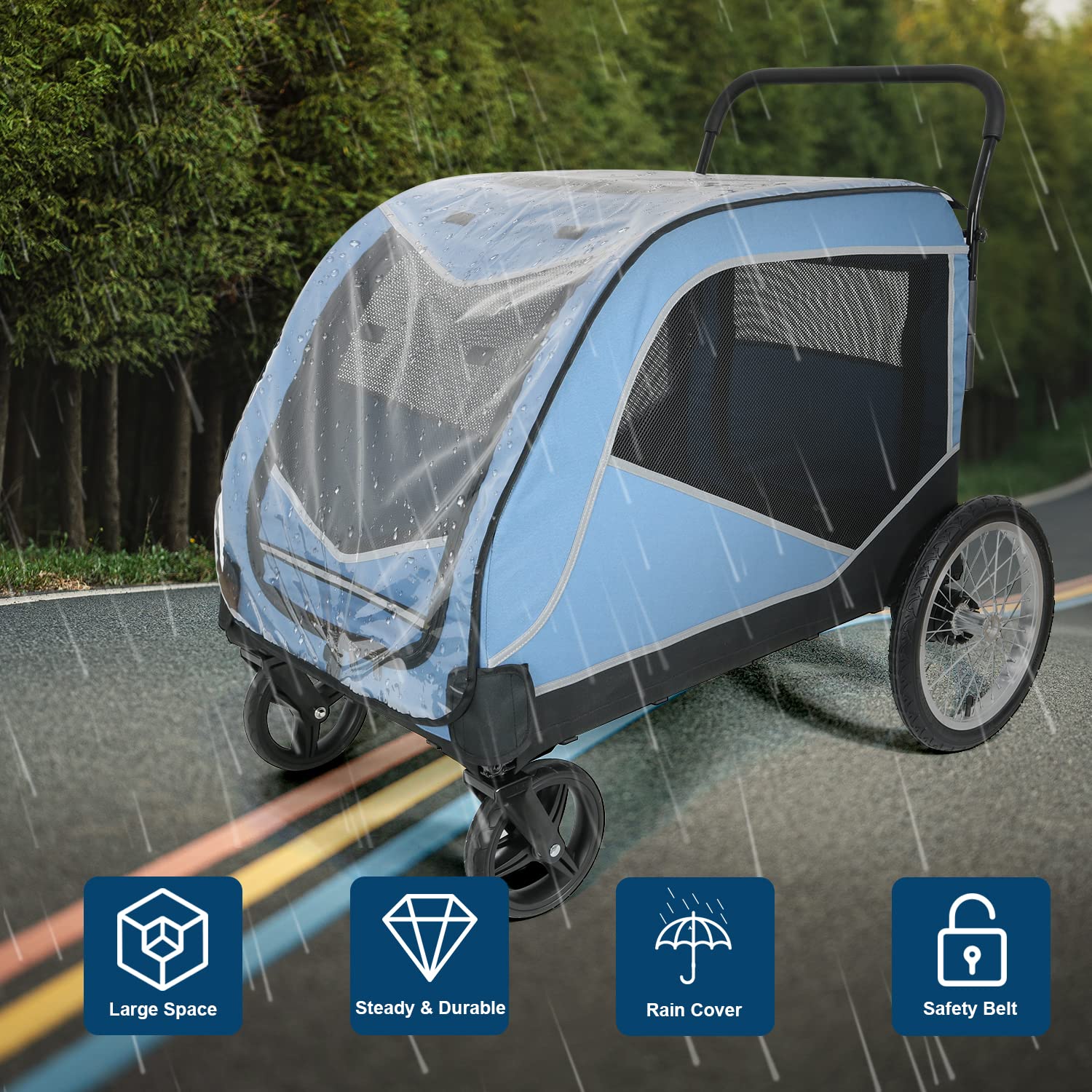 Dog Stroller for Large Dogs, Extra Large Pet Stroller for Medium Dogs Foldable, Dog Wagon and Cart for 2 Dogs with Pocket Up to 352lb Blue