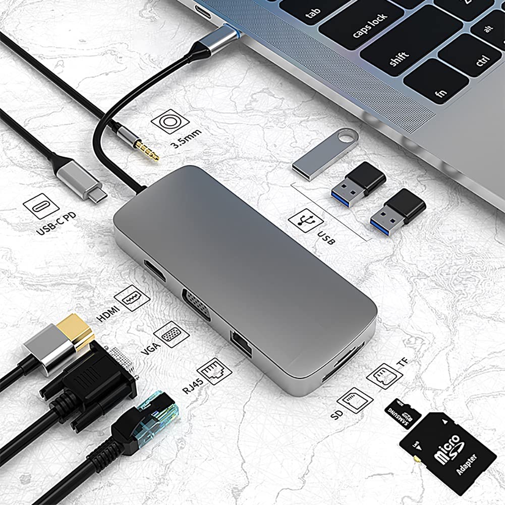 Hub Dock Adapter USB C Hub 10 in 1 USB-C Splitter Hub with Ethernet, HDMI, VGA, 2 USB 3.0, USB 2.0, SD/TF Card Reader, 3.5mm Audio, USB-C PD Computer Accessories