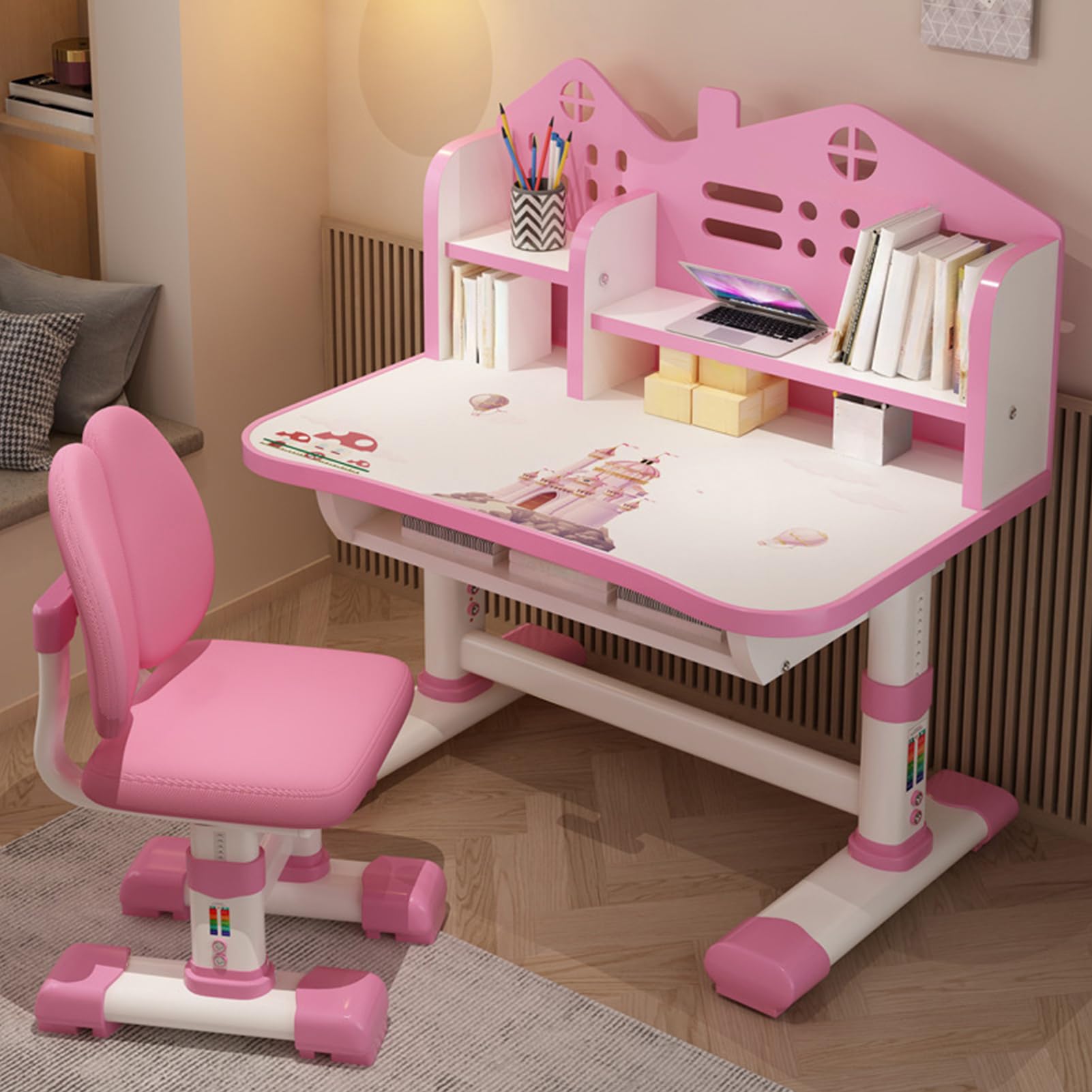 SamFansar Children Study Desk and Chair Set, Pink Desk Set with Adjustable Height, Drawers and Storage, Cartoon Pattern Childs Learning Tables and Chairs for Kids, Girls