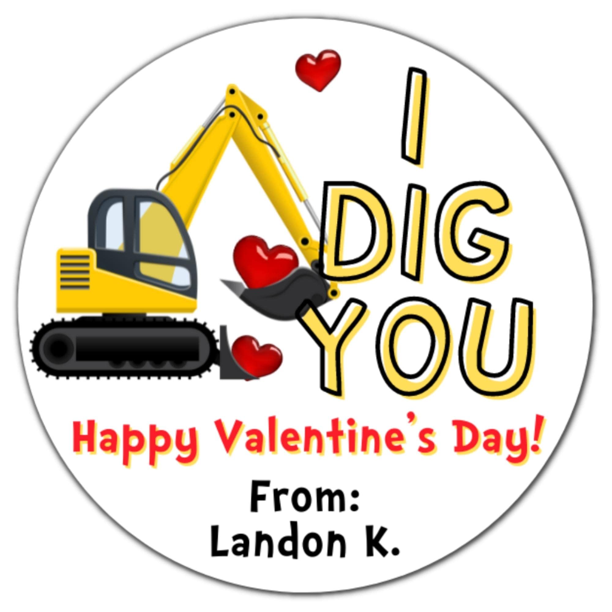 Personalized Construction Digger Valentine's Day Stickers for Kids 20-Count, 2 inch, Custom Classroom Valentines Favor for Boys, Happy Valentine's Day Labels