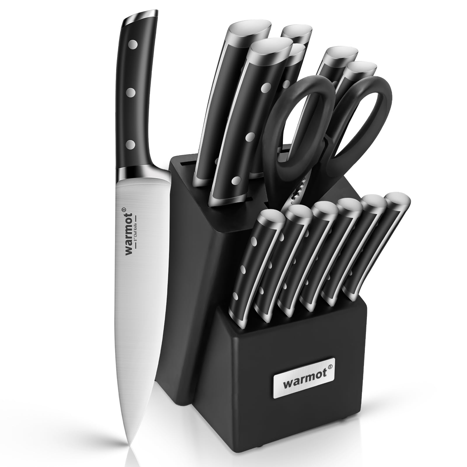 Kitchen Knife Set with Block, Warmot 15 Pcs Ultra Sharp Chef Knife Set Full Tang Knife Set with Knife Sharpener, High Carbon Stainless Steel Knife Block Set Triple Riveted Handle