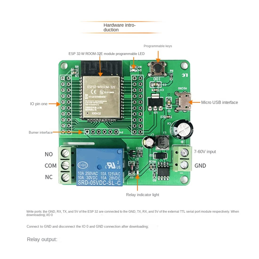 Jteyult One Channel Relay ESP32-WROOM Development Board Single Relay Module DC 7-60V Power Supply Appliance Accessories
