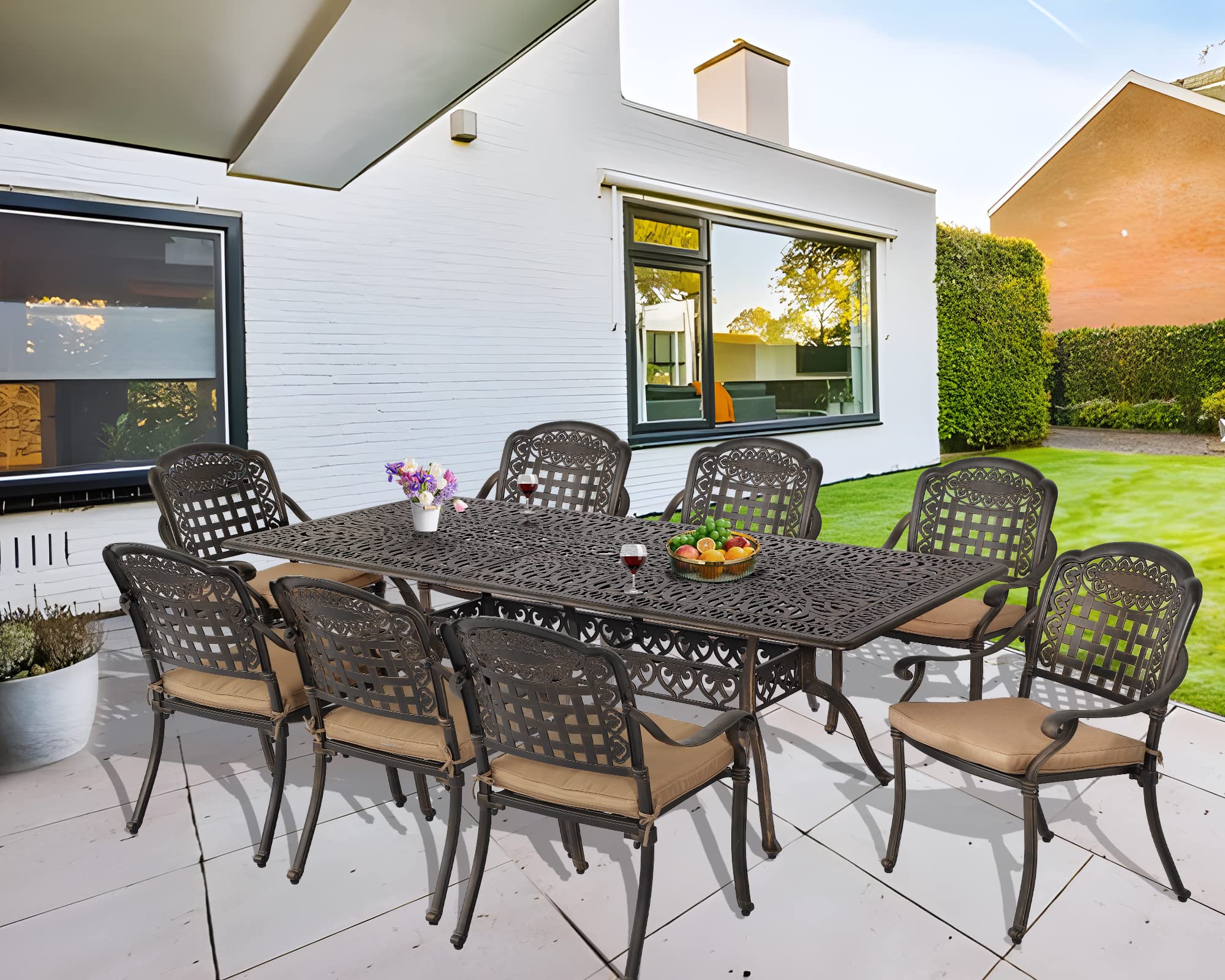 TITIMO 9-Piece Cast Aluminum Patio Furniture Set, Outdoor Dining Set Bistro Conversation Set, 8 Chairs and Rectangle Dining Table with Cushions and Umbrella Hole (8 Stackable Chairs)