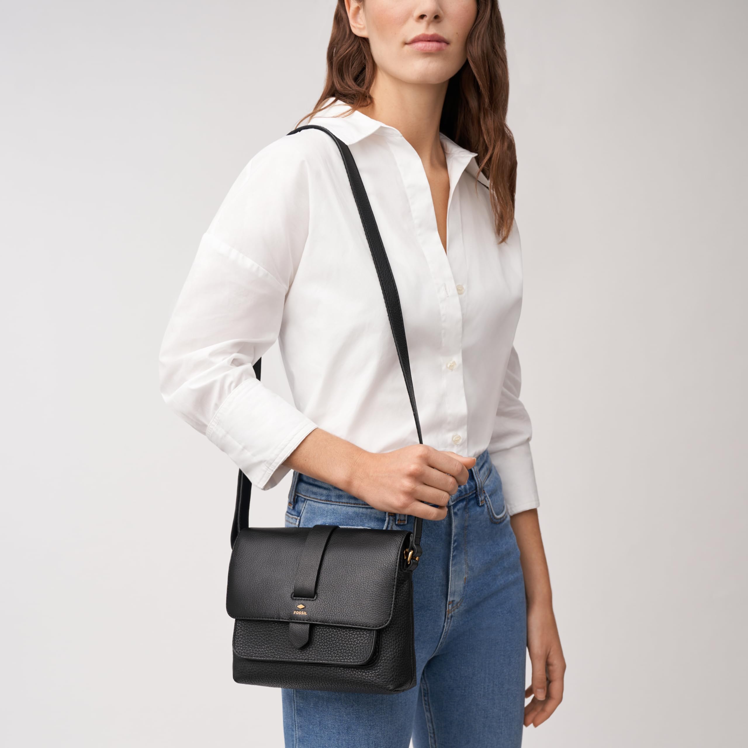 Fossil Women's Kinley Leather Large Crossbody Purse Handbag, Black (Model: ZB7879001)