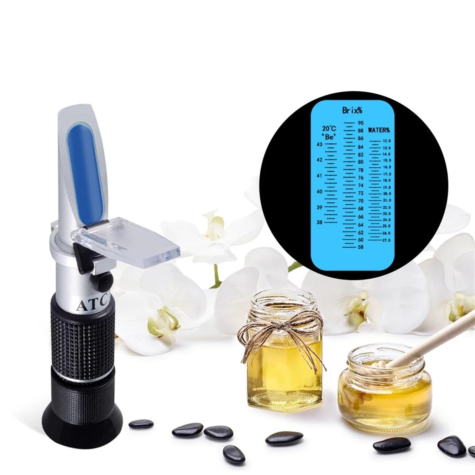 KYKYK Refractometer, 3 in 1 Honey Refractometer Brix 58~92% Hand Held ATC for Honey Moisture Brix and Baume Tester for Honey Moisture Brix and Baume for Fruit, Homebrewing, Juice, Vegetables