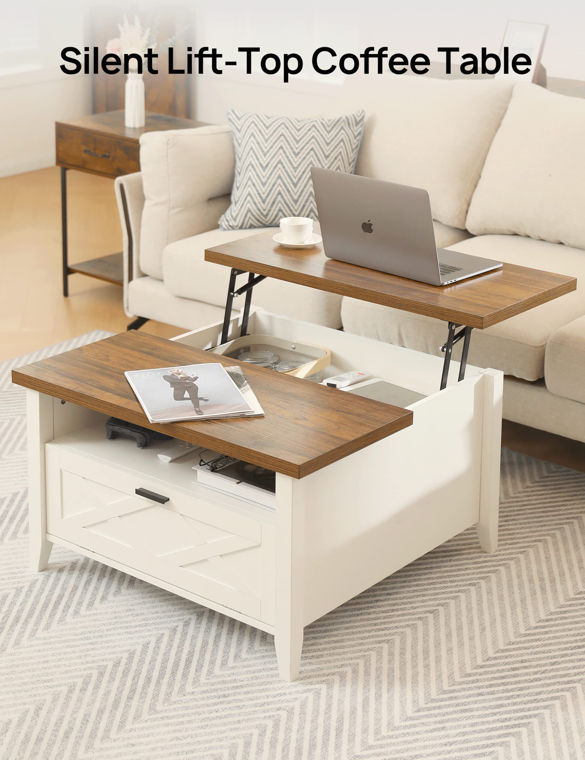 Evajoy Lift Top Coffee Table, Ergonomic Rising Table with Hidden Compartment, Dining Table with Storage Shelf, Retro Coffee Table, Farmhouse Storage with Lift Tabletop for Living Room, Office,White
