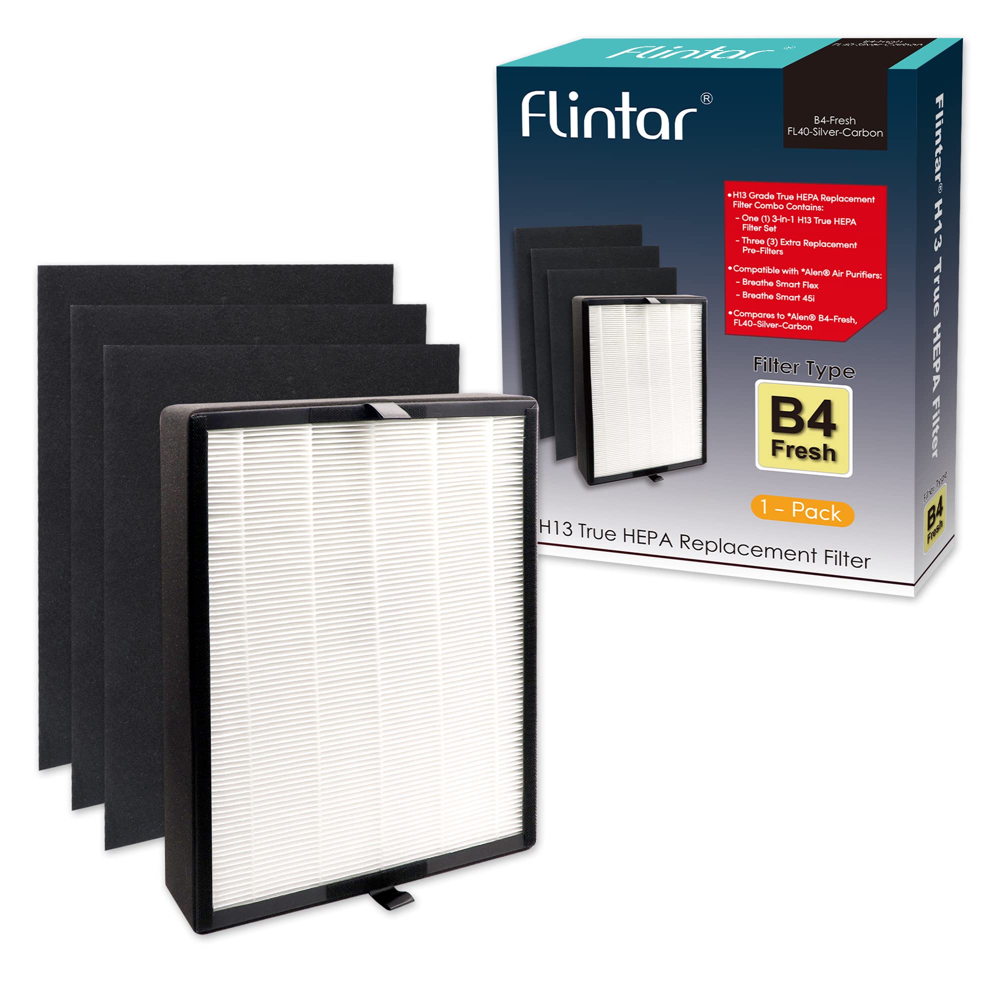Flintar True HEPA Replacement Filter, Compatible with Alen BreatheSmart Flex and 45i Air Purifier, H13 Grade True HEPA, Plus 3 Replaceable Pre-Filters, Part # B4-Fresh (1-Set)