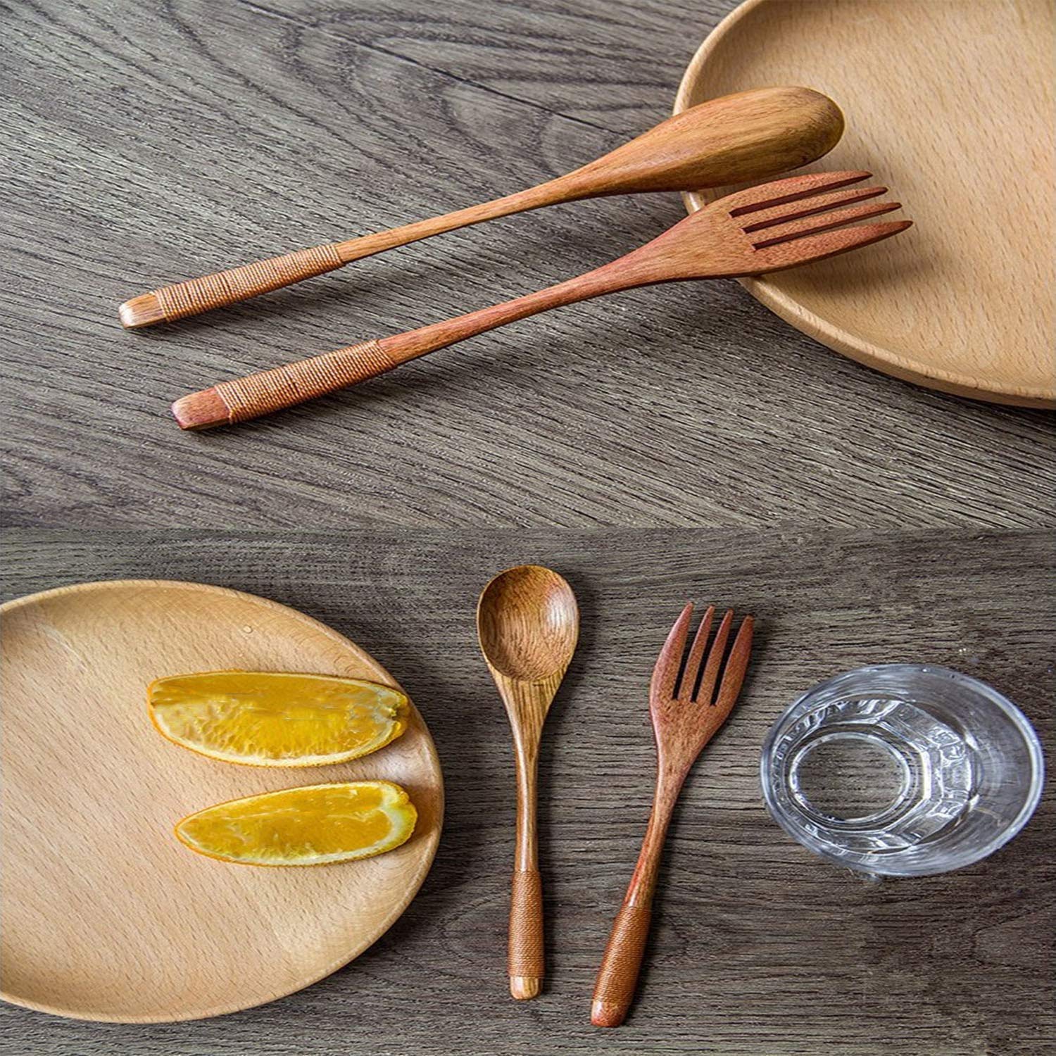 XMHF Wooden Spoons Forks Set Kitchen Tableware Dinnerware Flatware Natural Wood Cutlery Wooden Dinner Utensil Set, 2 Spoons and 2 Forks Brown Tied Line