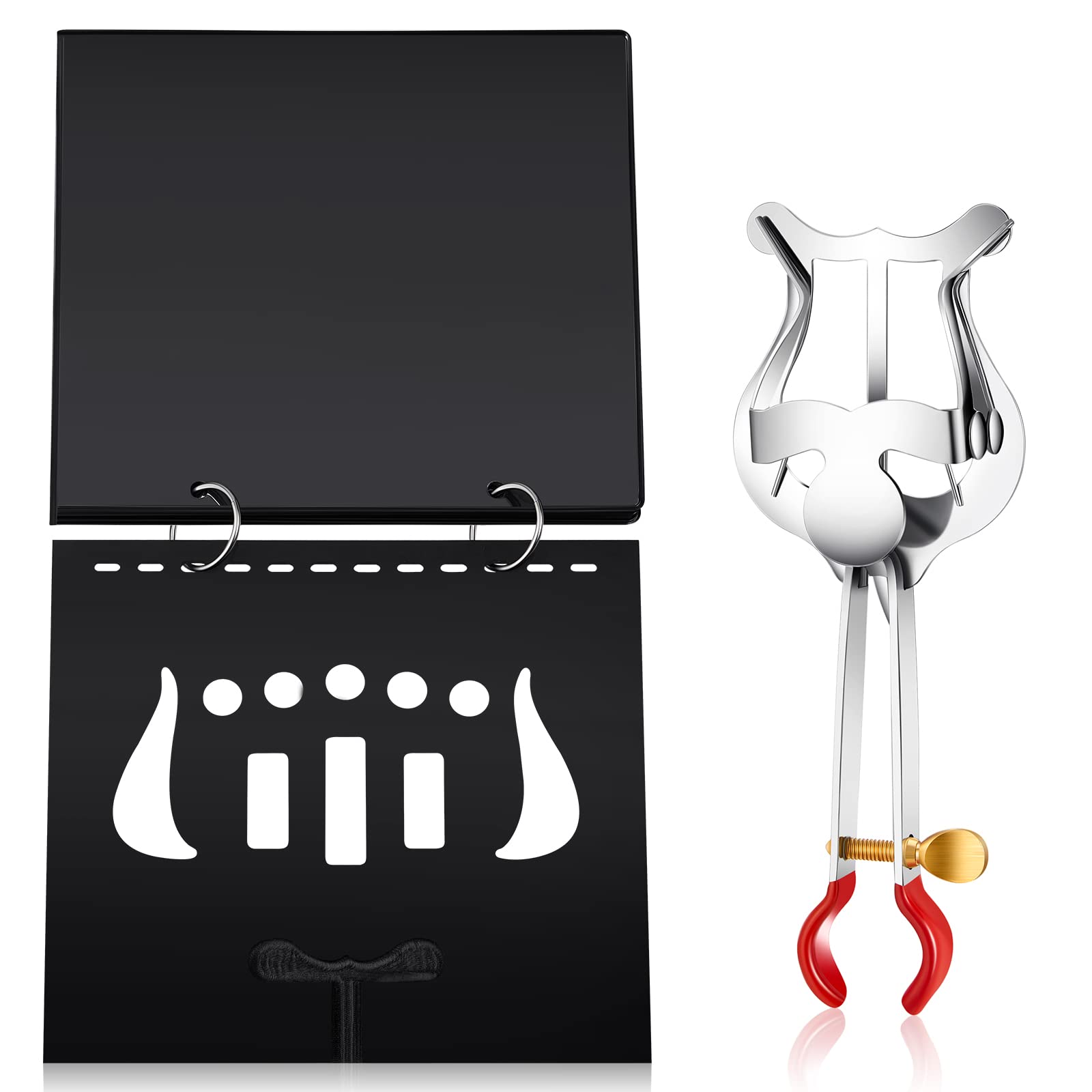 Flip Folio Folder, 12 Pcs Black Flip Folio and Trumpet Lyre Set Flip Folder Music Files Holder PVC Waterproof Window Pages Lightweight Instrument Lyre Marching Band Lyre and Flip Folder