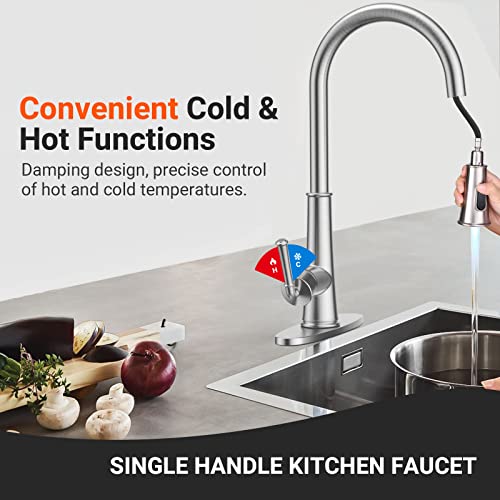 Kitchen Faucet with Pull Down Sprayer - LEPO Kitchen Sink Faucet with Led Light, Brushed Nickel, High Arc Commercial Stainless Steel Pull Out Rv Kitchen Faucet Bar(No Batteries Required)